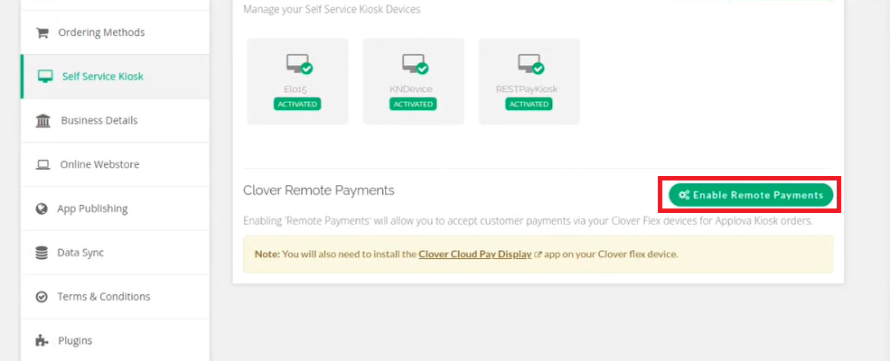 Enabling Clover Remote Payments for Clover Advanced Kiosk
